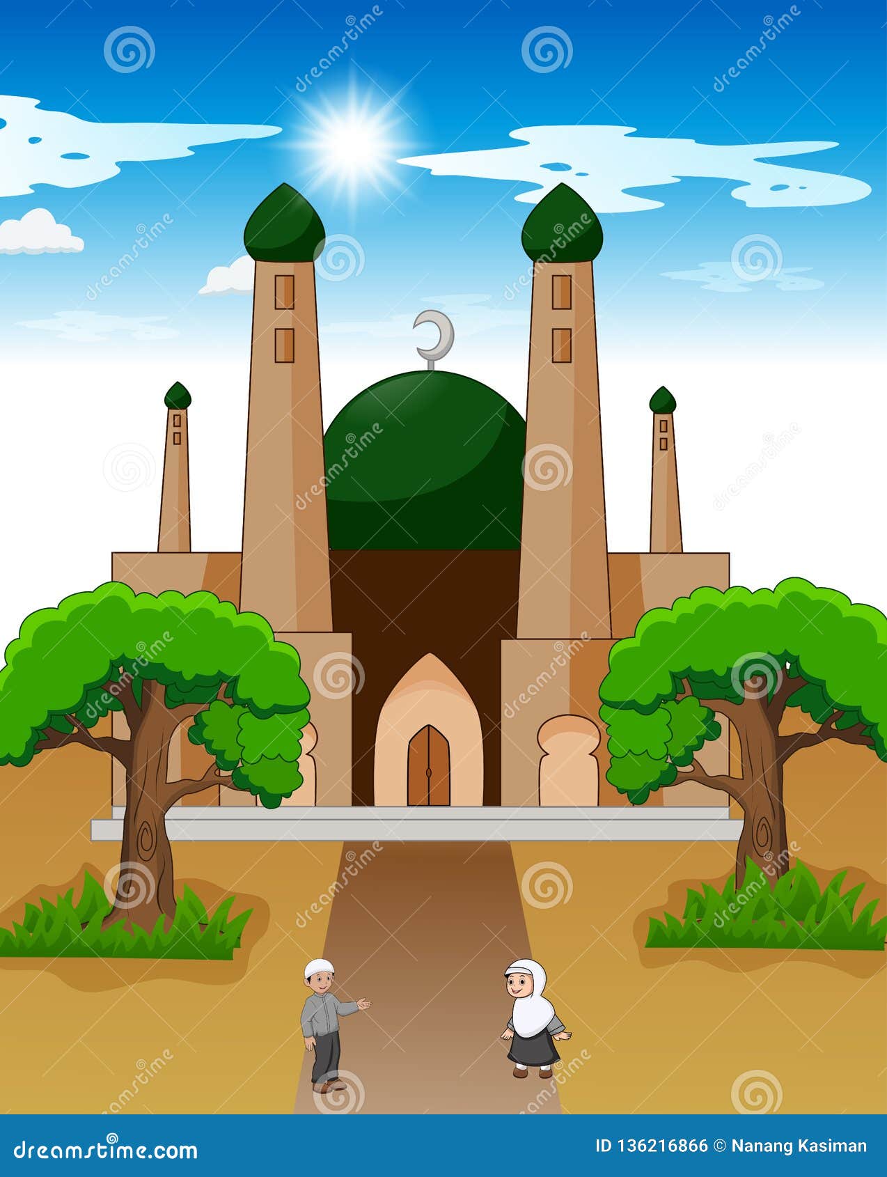Happy Cartoon Muslim Kids Waving Hand in Front of Mosque Stock Vector ...