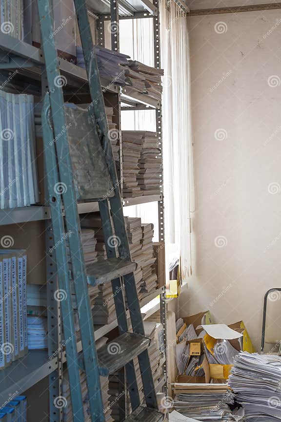Mess in the Archive. Old Folding Ladder. Stock Image - Image of ...