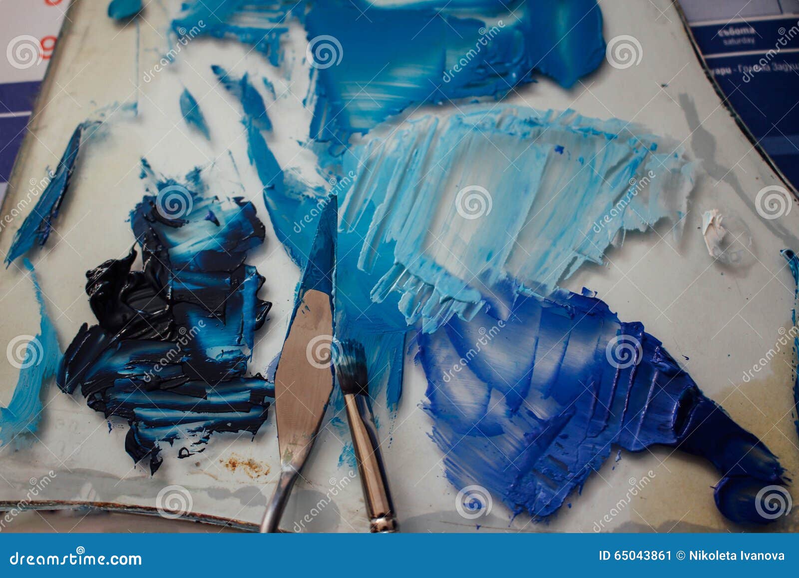 Mess of blue paints stock image. Image of paints, paintbrush - 65043861