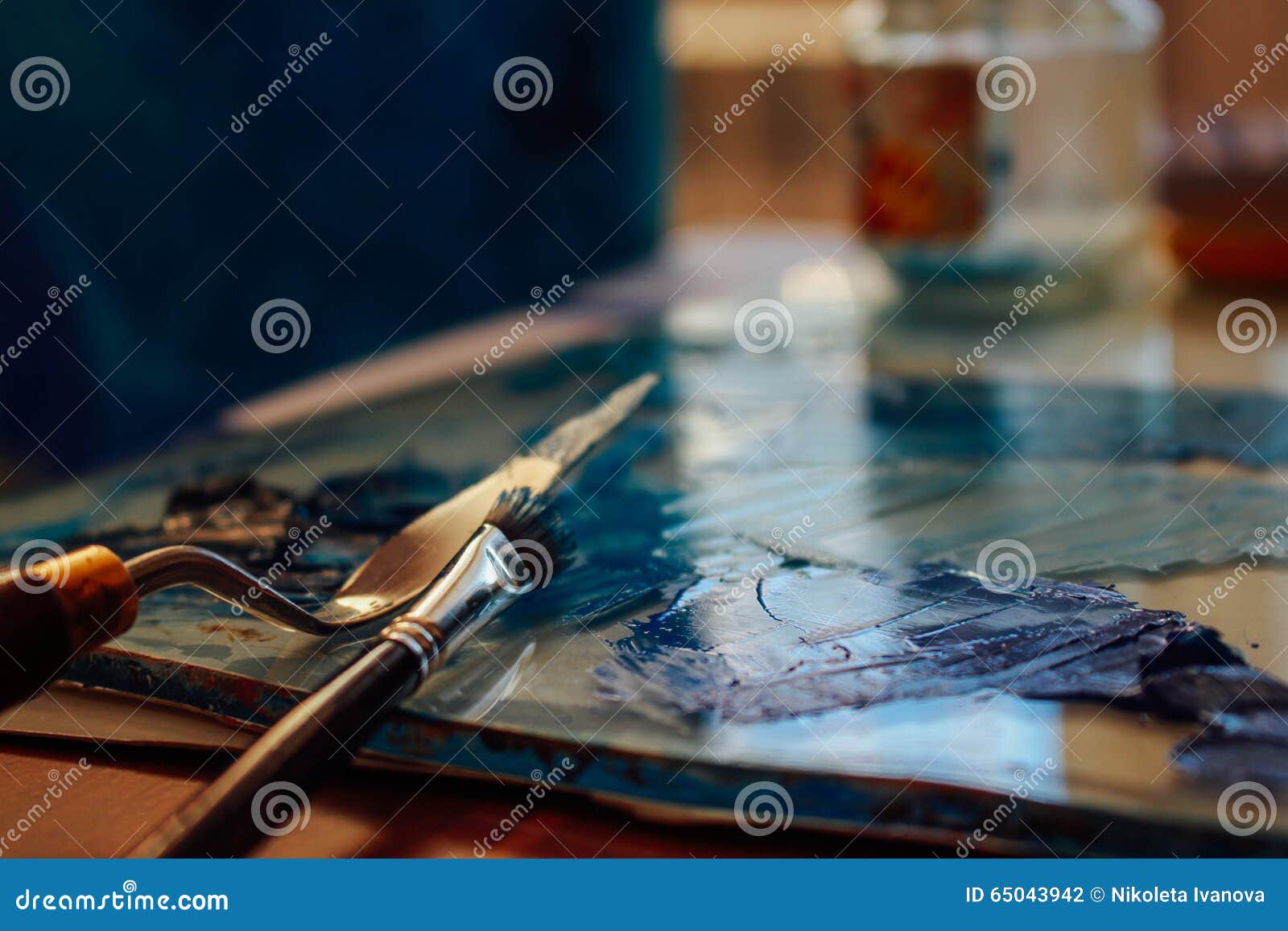 Mess of blue paints stock photo. Image of wooden, glass - 65043942