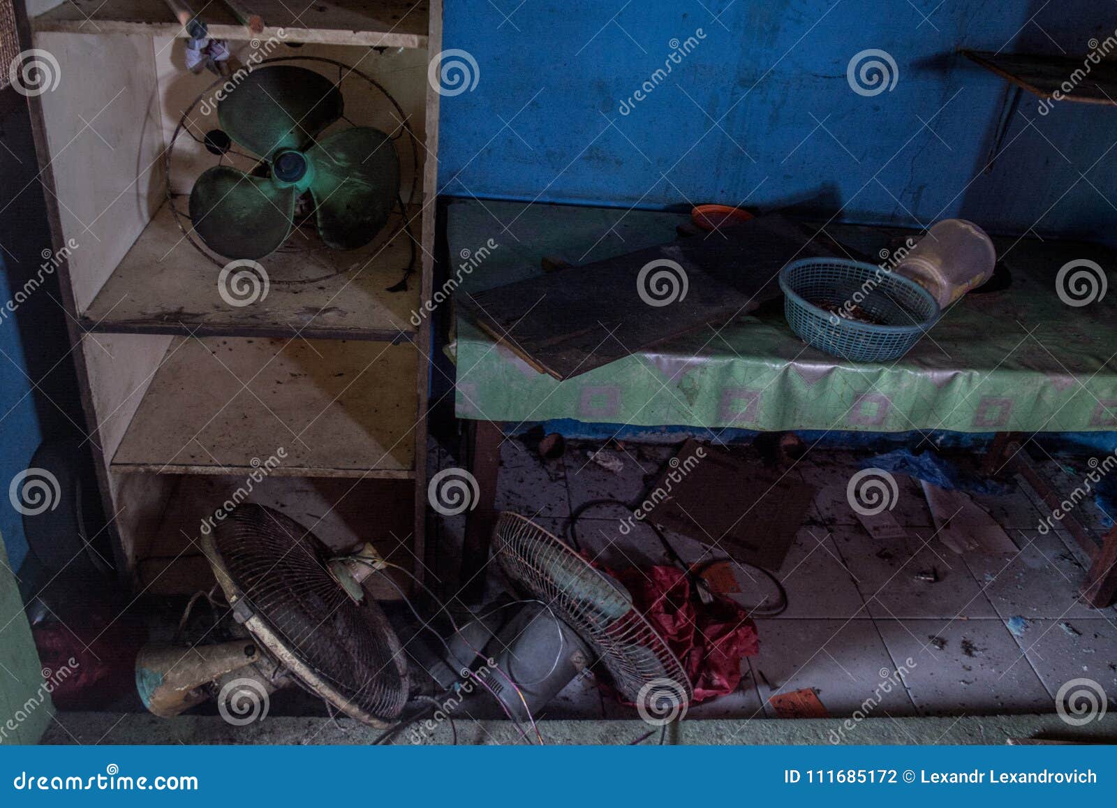 Mess And Broken Fans In The Abandoned Burned Down House Stock ...