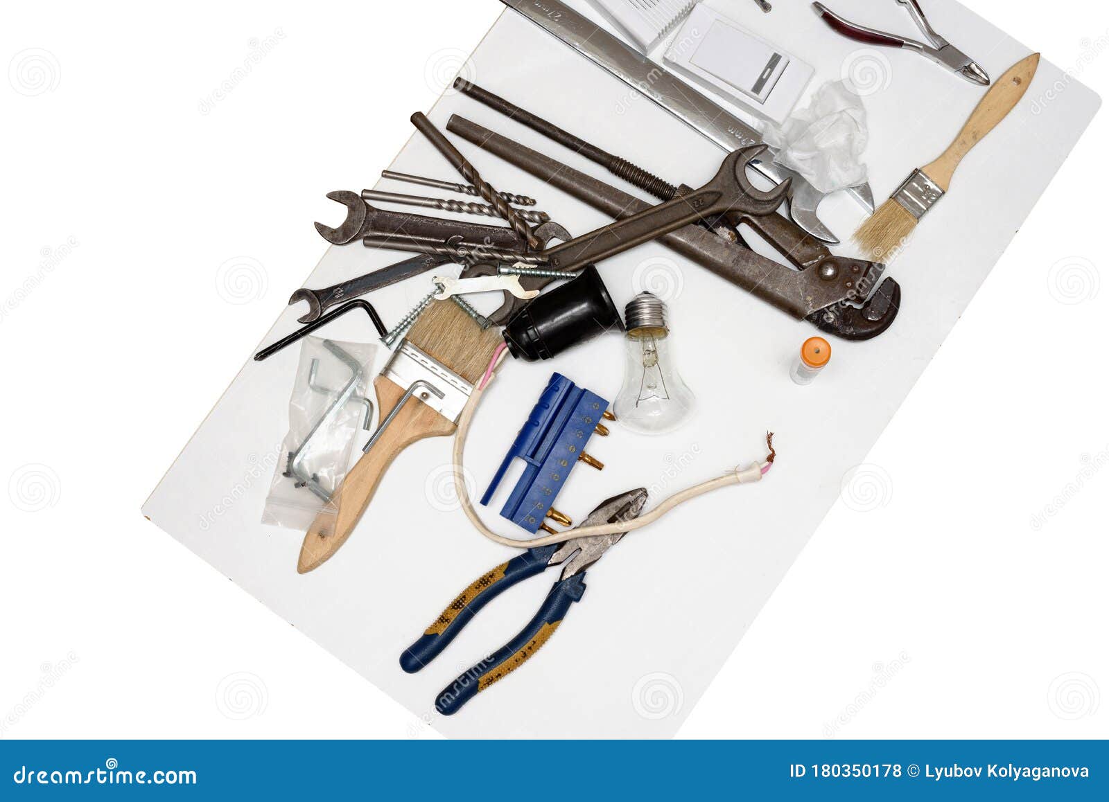 A Mess of Construction Tools, Drill, Wrench, Pliers, Wire Cutters ...