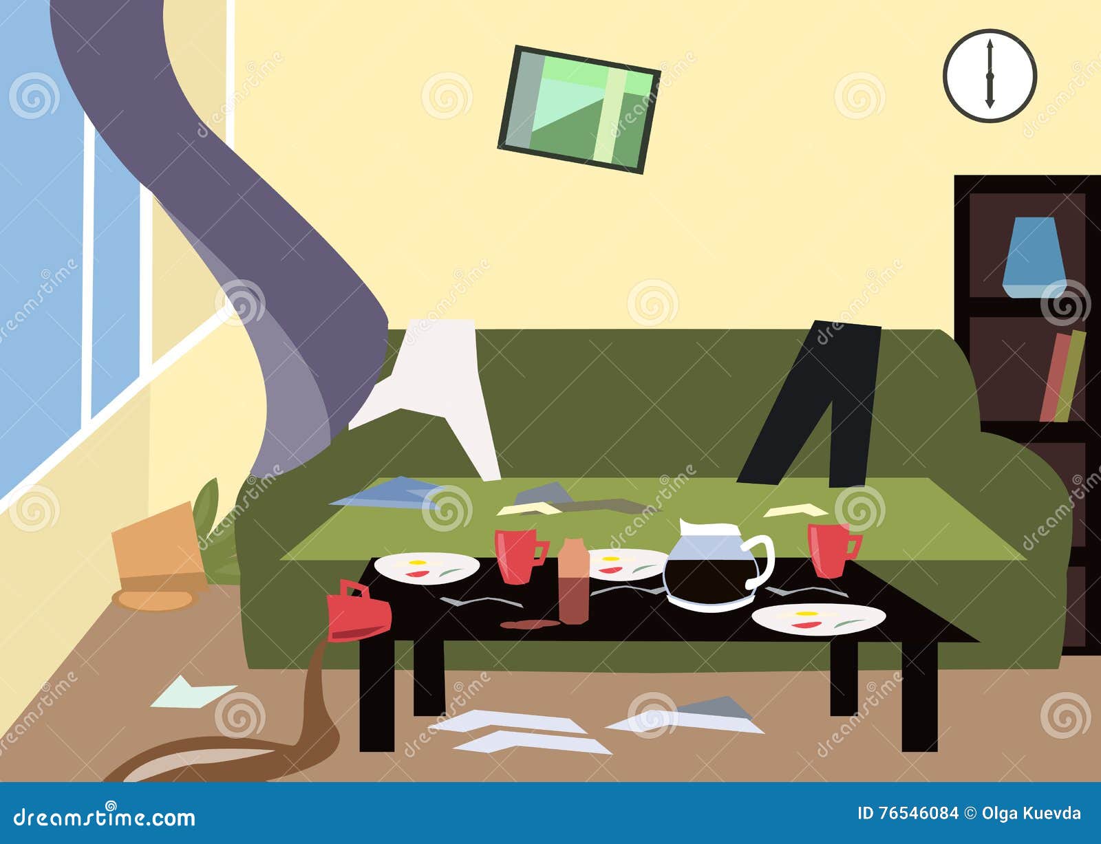 Mess in the room cartoon stock vector. Illustration of clutter - 76546084