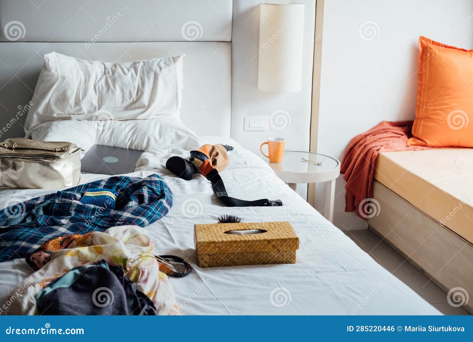 Mess in the Room. Women& X27;s Clothing, Computer on the Bed Stock ...