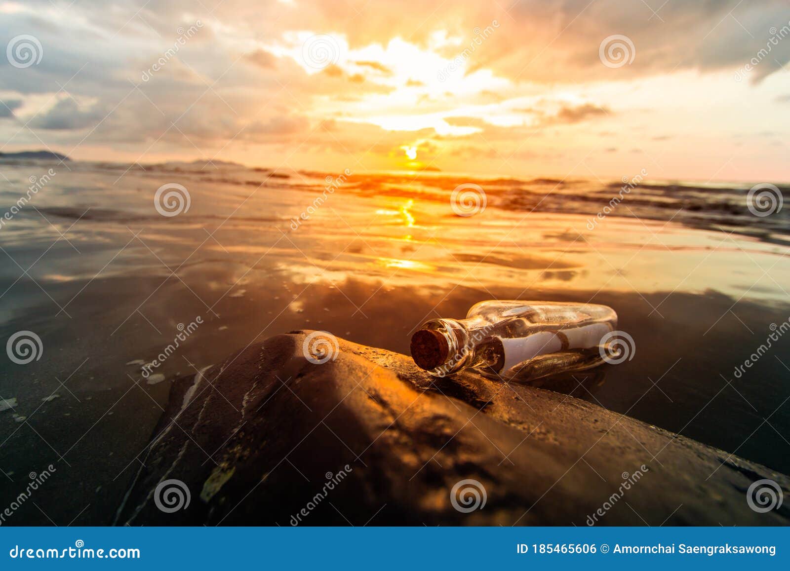 Message in a Bottle with Beach at Sunset Stock Photo - Image of mail ...