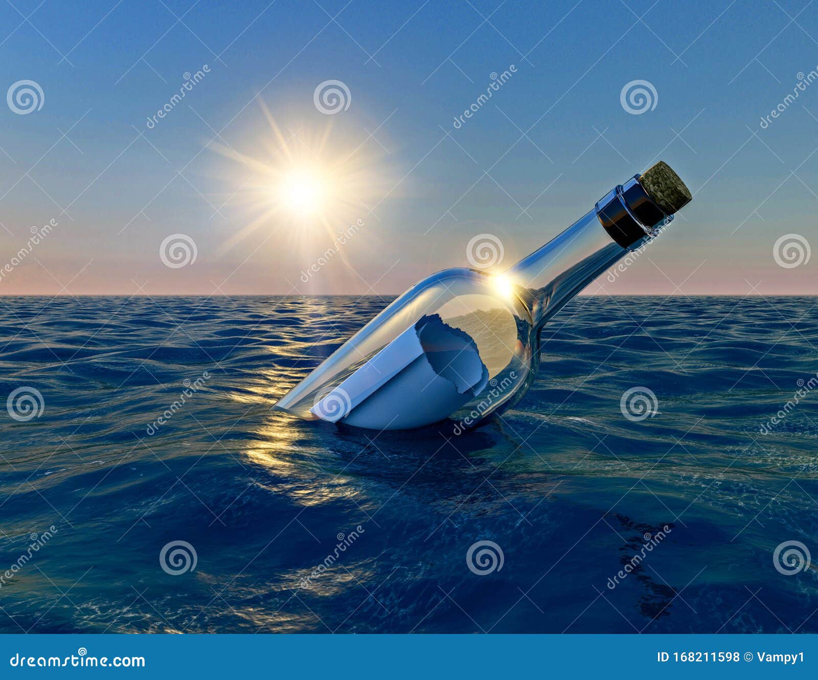 Message in the Bottle, Bottle Floating in the Ocean at Sunset Stock ...