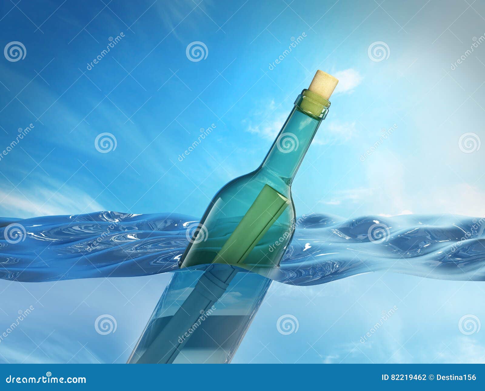 Message in a Bottle Floating on Sea Level. 3D Illustration Stock ...