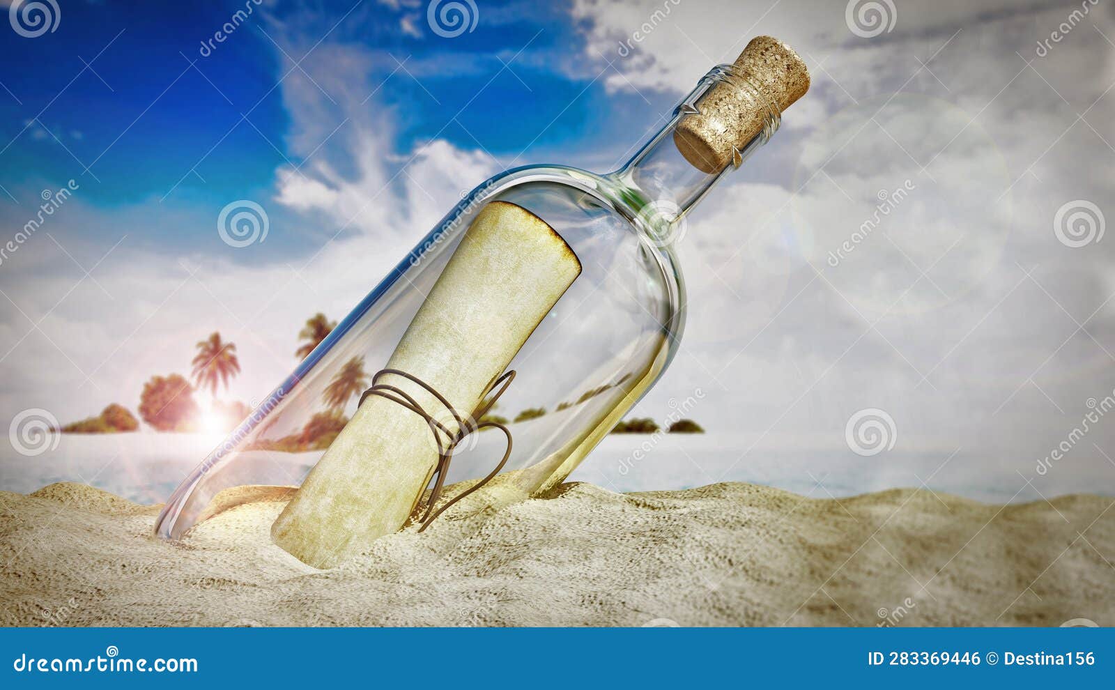 Message in a Bottle Standing on the Beach Sand. 3D Illustration Stock ...