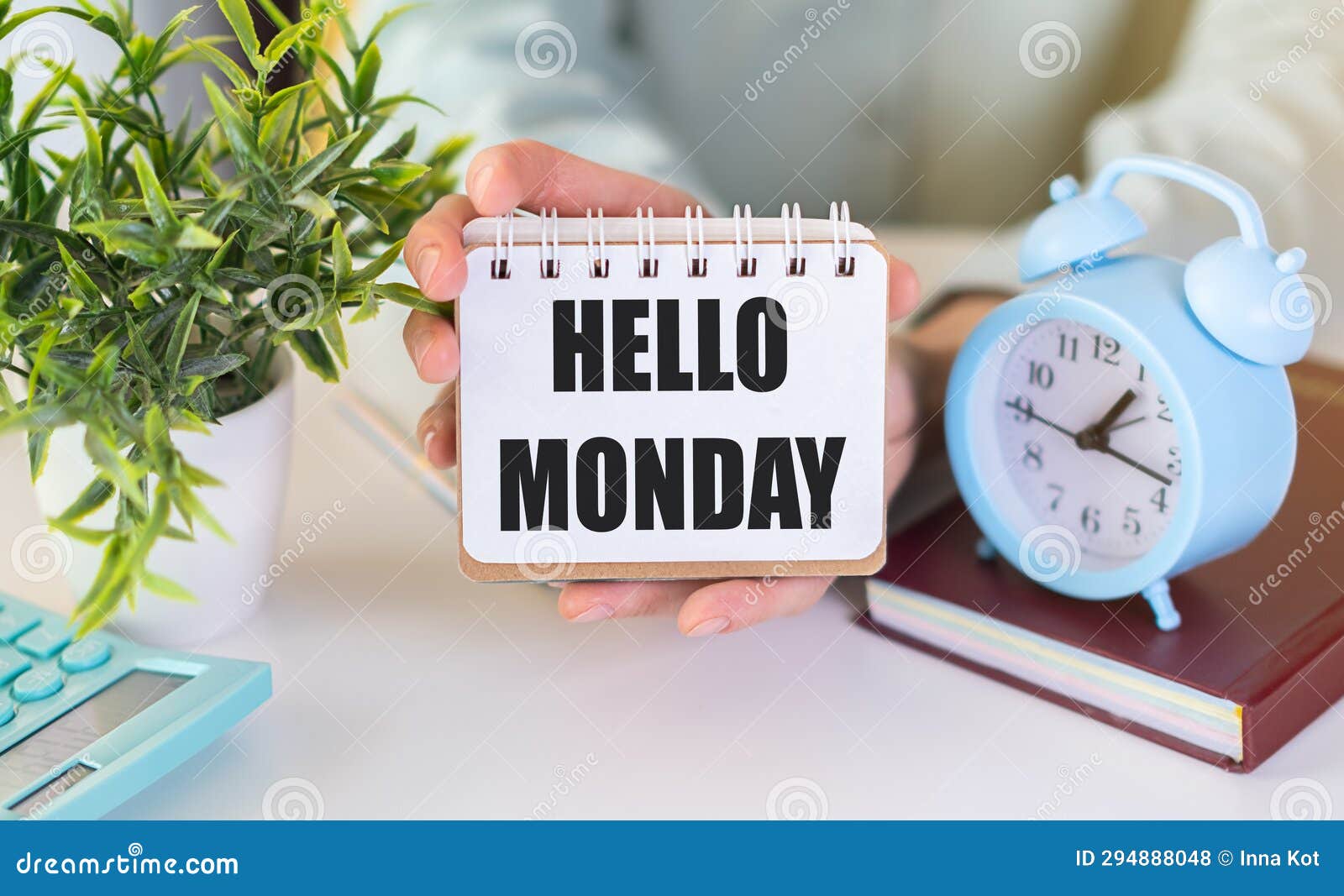 Message Hello Monday Written in Notebook, Computer Keyboard and Cup of ...