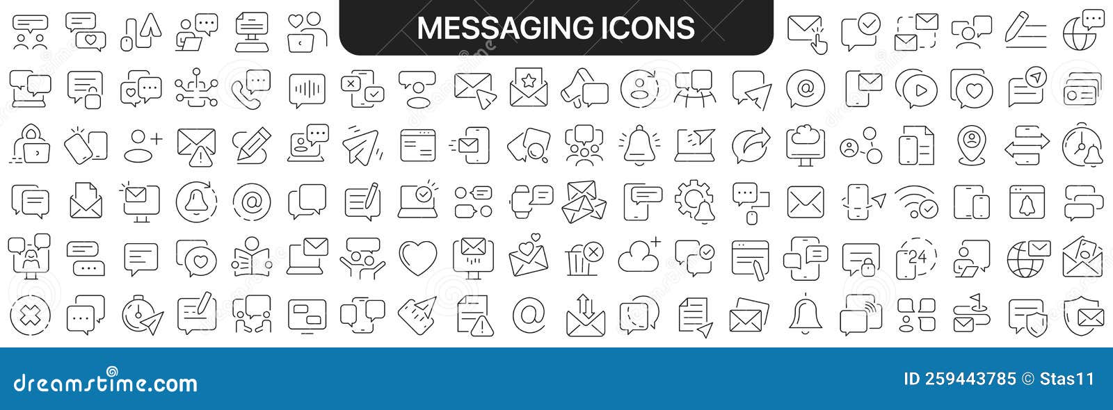 Messaging Icons Collection in Black. Icons Big Set for Design Stock ...
