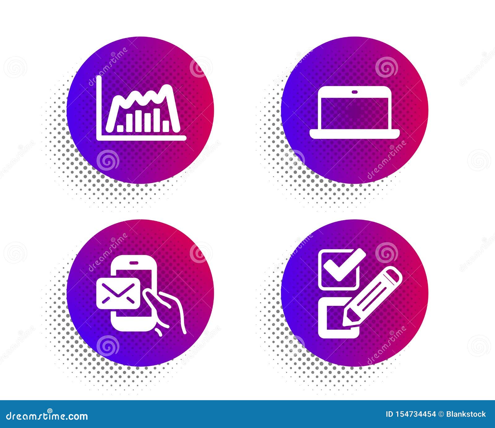 Messenger Mail, Laptop and Infographic Graph Icons Set. Checkbox Sign ...