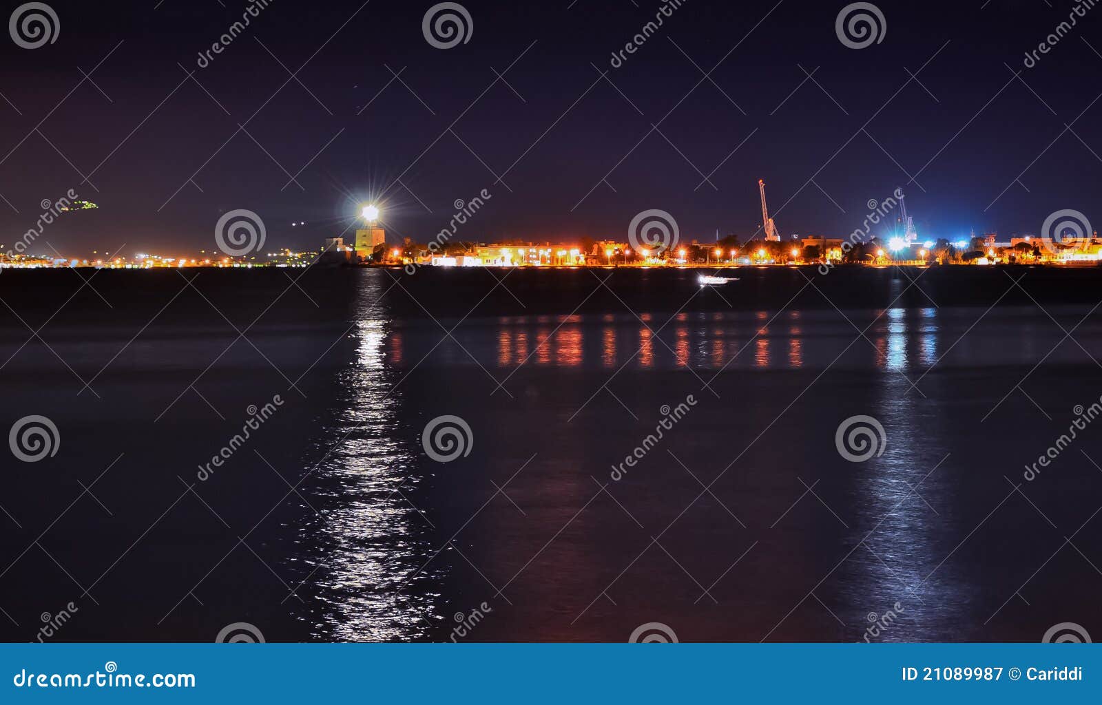 Messina Harbor and Lighthouse at Night Stock Image - Image of ...