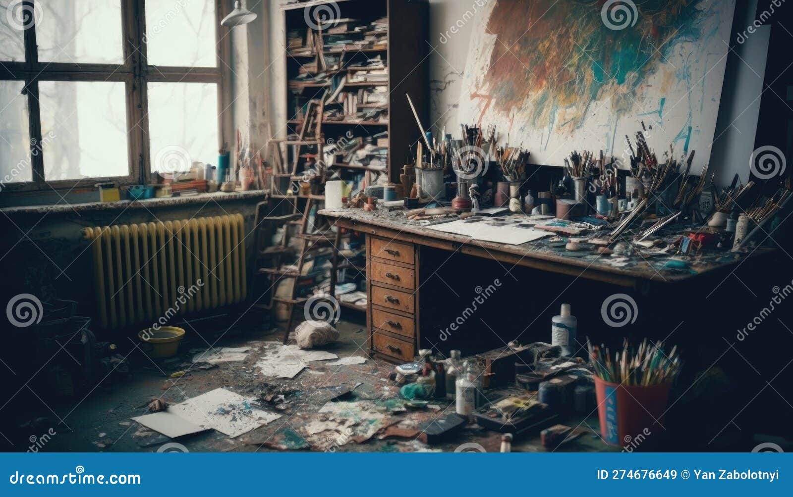 A Messy Art Studio with Paints and Brushes Scattered about. Generative ...
