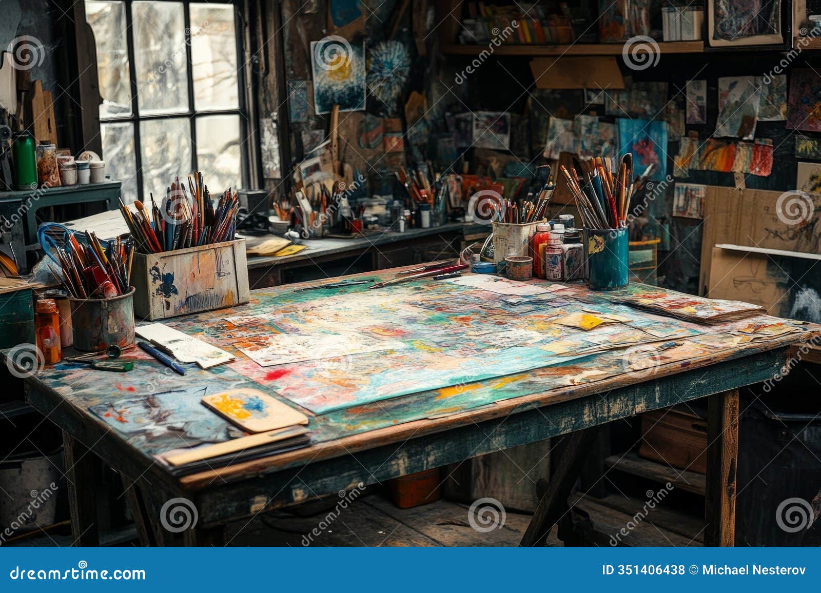 Messy Art Studio Showing Paint, Brushes and Artwork on a Painter S ...