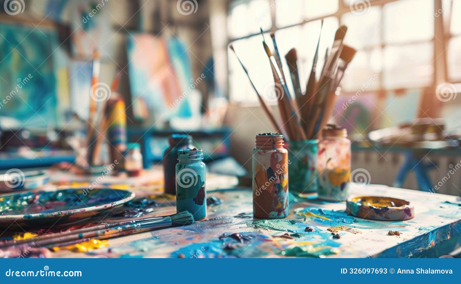Messy Art Studio Table with Paintbrushes, Paint Jars, and Canvases in ...