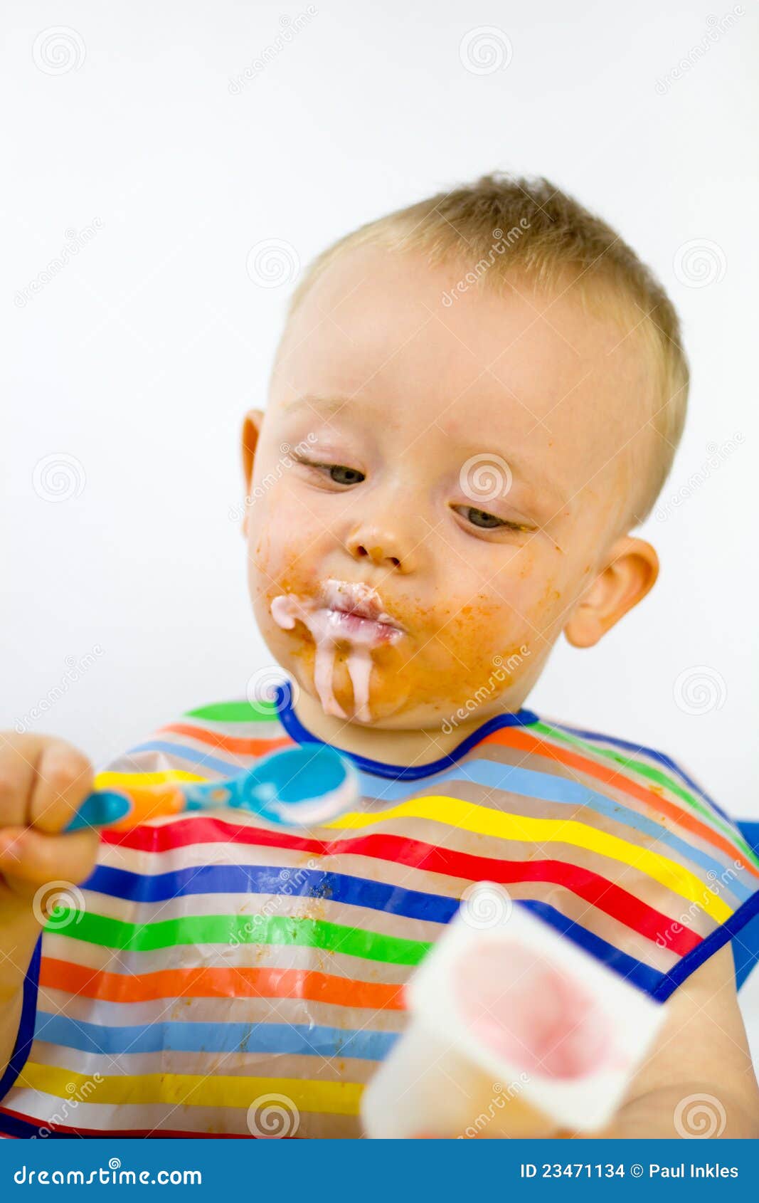 Messy Baby Checks Calorie Content Stock Photo - Image of yoghurt ...