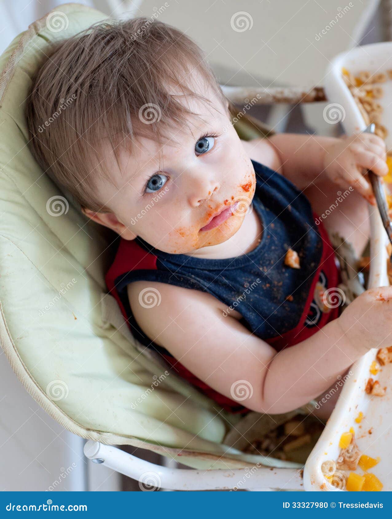 Messy Baby in High Chair stock photo. Image of baby, infant - 33327980