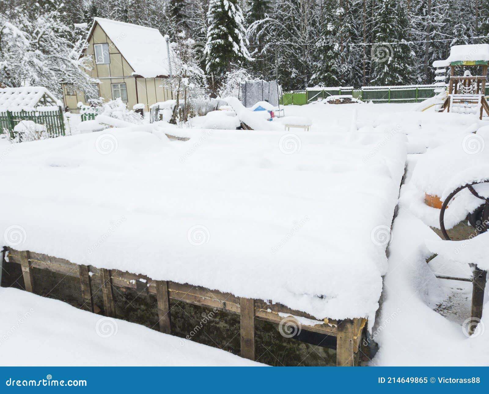 Messy backyard under snow stock image. Image of empty - 214649865