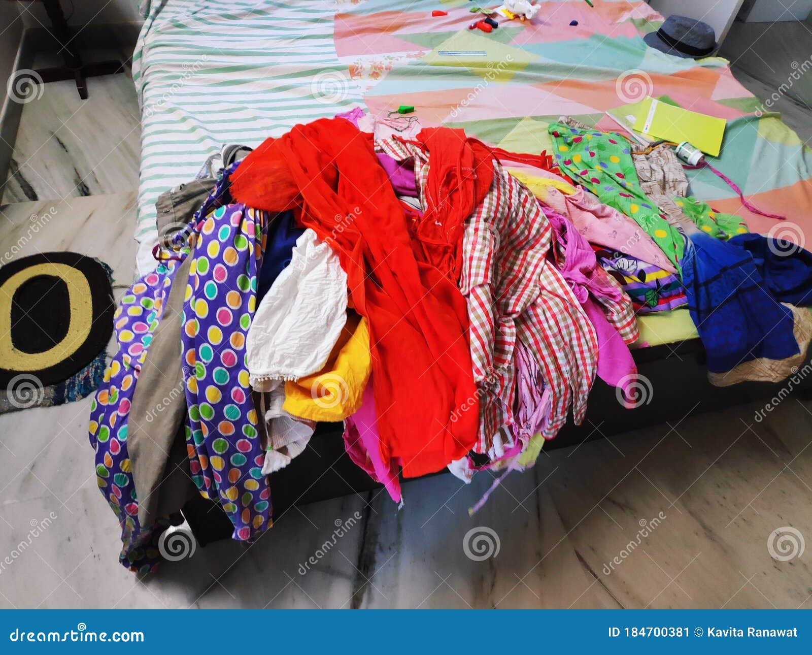 Messy Bed Room Interior with Pile of Clothes. Stock Image - Image of ...