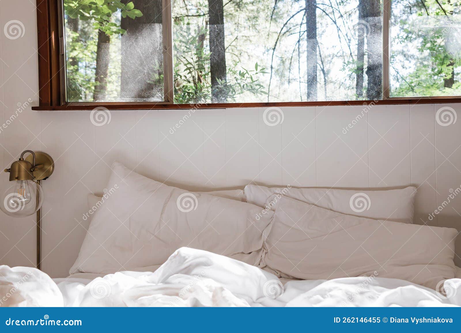 Messy Bed with White Bedding, Pillows and Blanket, White Minimal ...