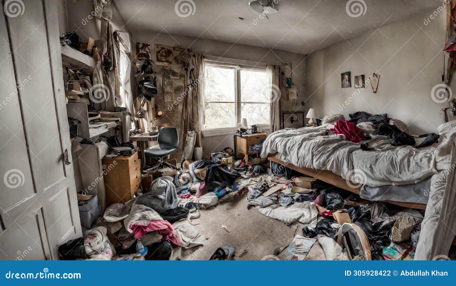 A Messy Bedroom With A Messy Bed And Desk. AI Generative Image ...