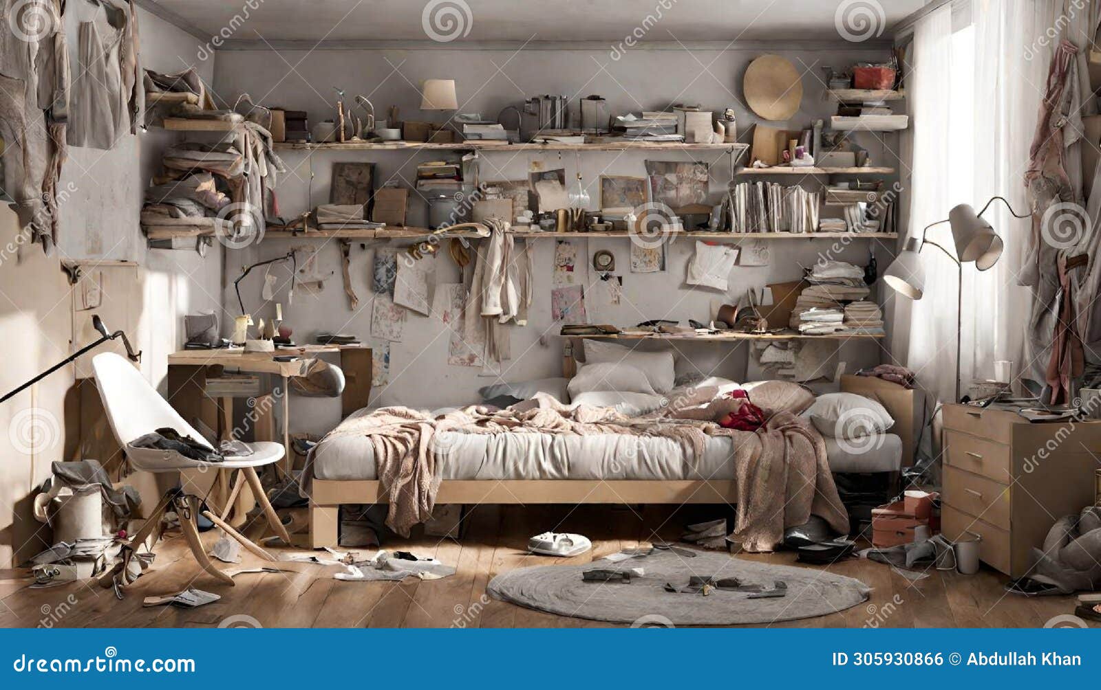 A Messy Bedroom With A Messy Bed And Desk. AI Generative Image ...