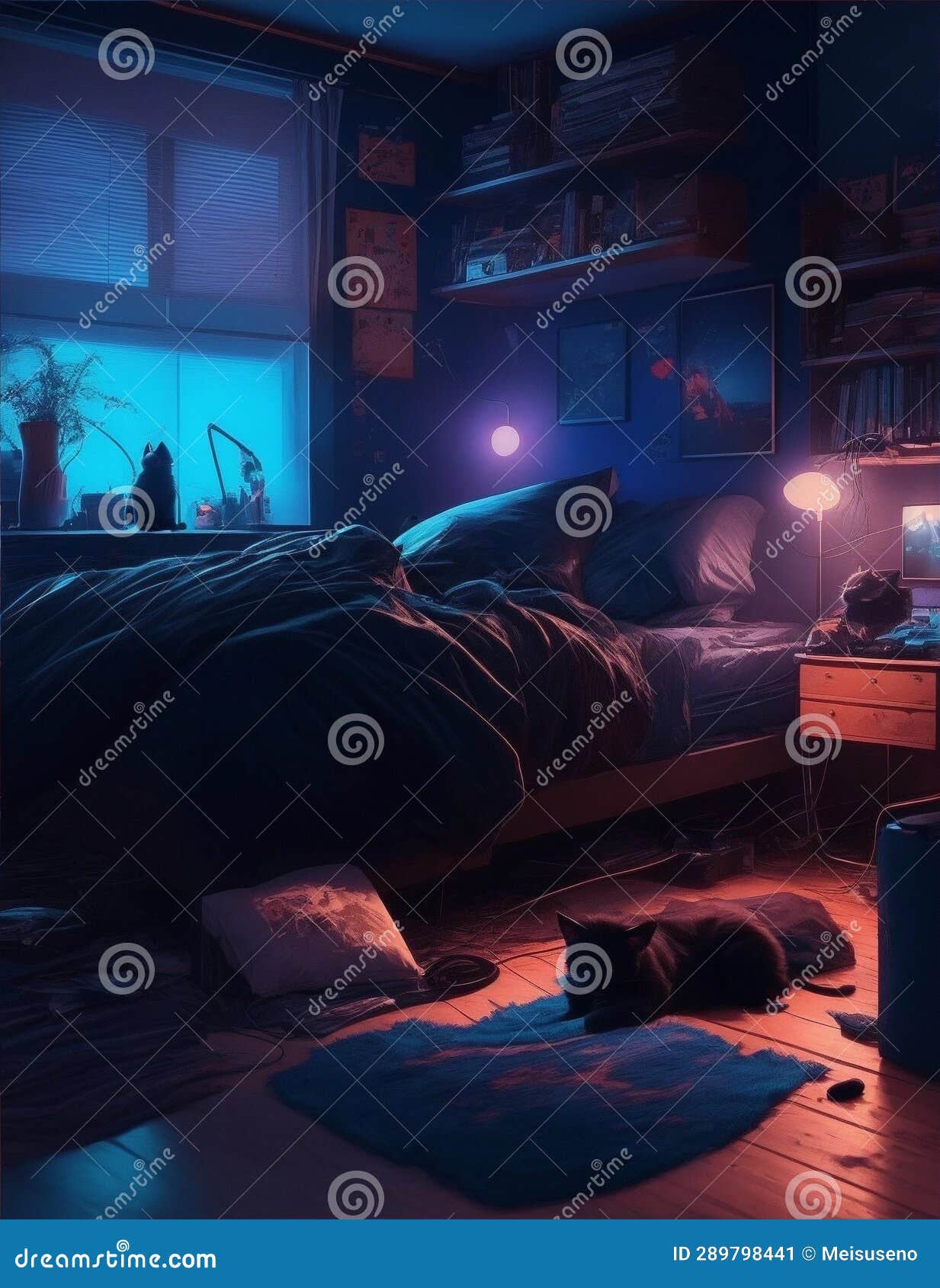 Messy Bedroom at Night with Black Cat Illustration Stock Illustration ...