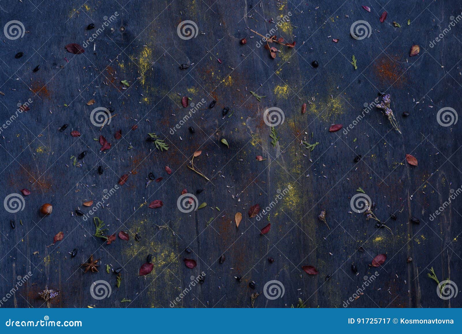 Messy Blue Wooden Texture Background Copy Space. Berries, Nuts, Spises ...