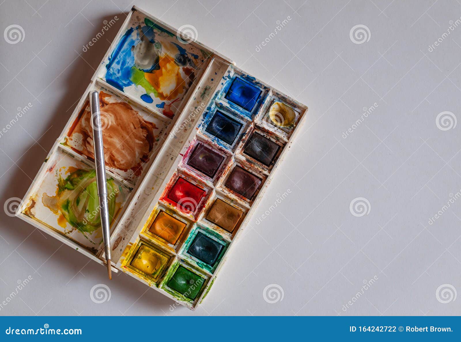 Messy Box of Watercolour Paints and Brush Stock Photo - Image of craft ...