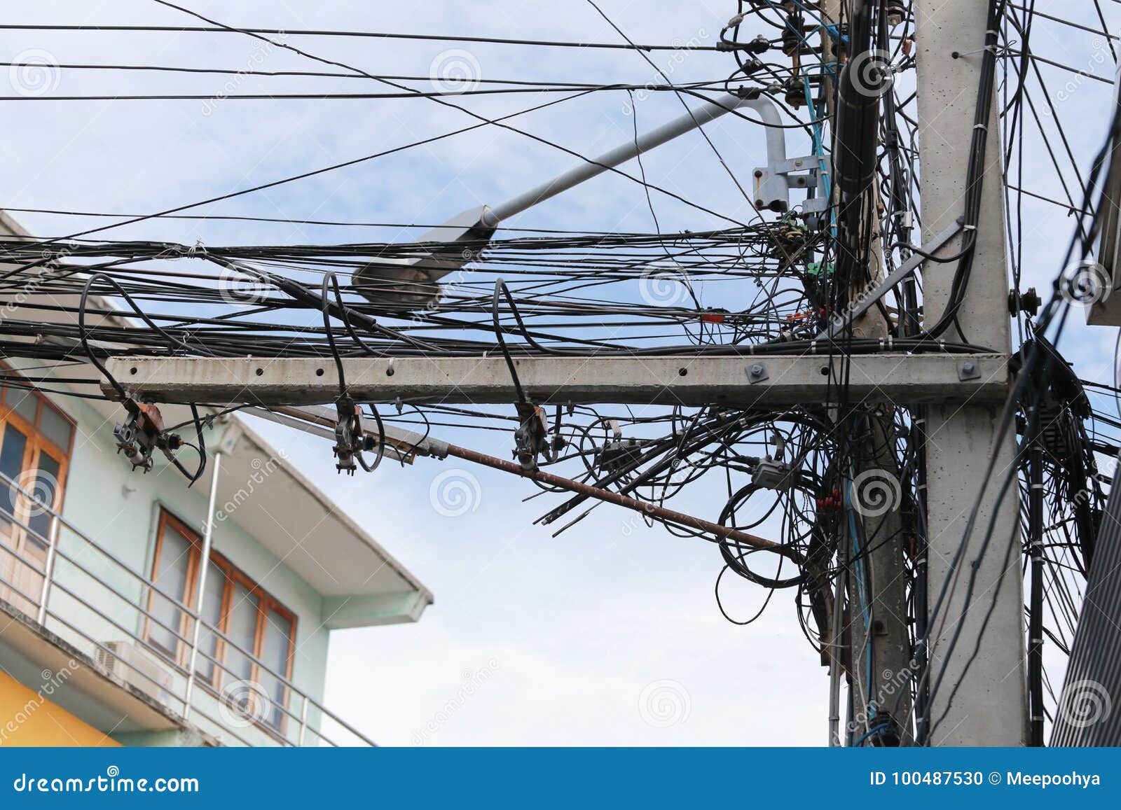 Messy Cable Electricity Post. Stock Photo - Image of current ...