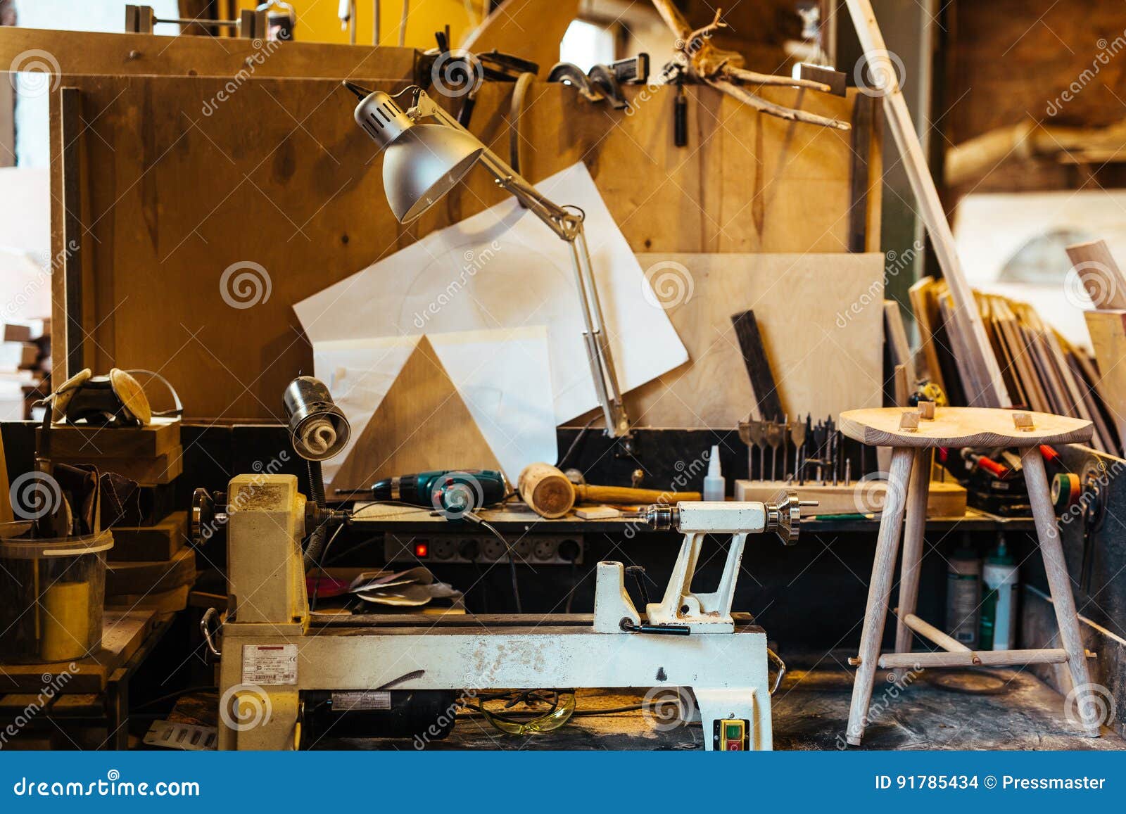 Messy Carpenters Workshop stock photo. Image of production - 91785434