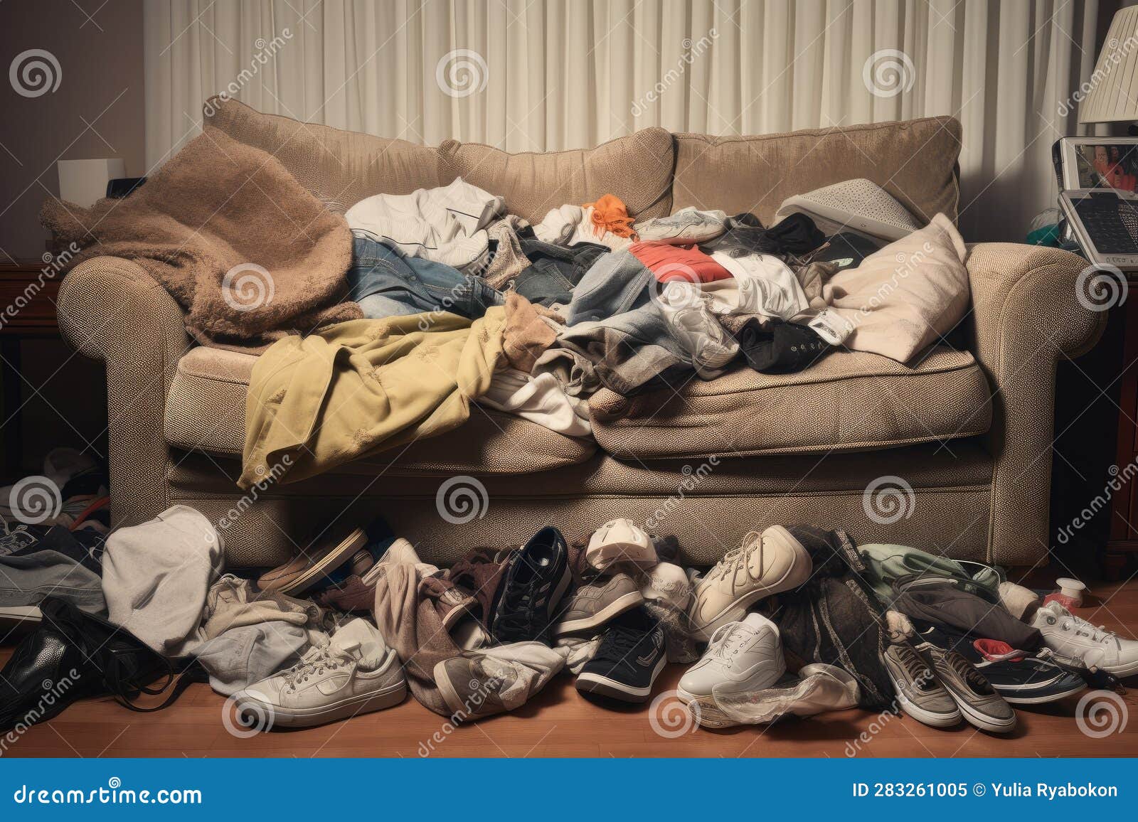 Messy Clothes Sofa Floor. Generate Ai Stock Illustration - Illustration ...
