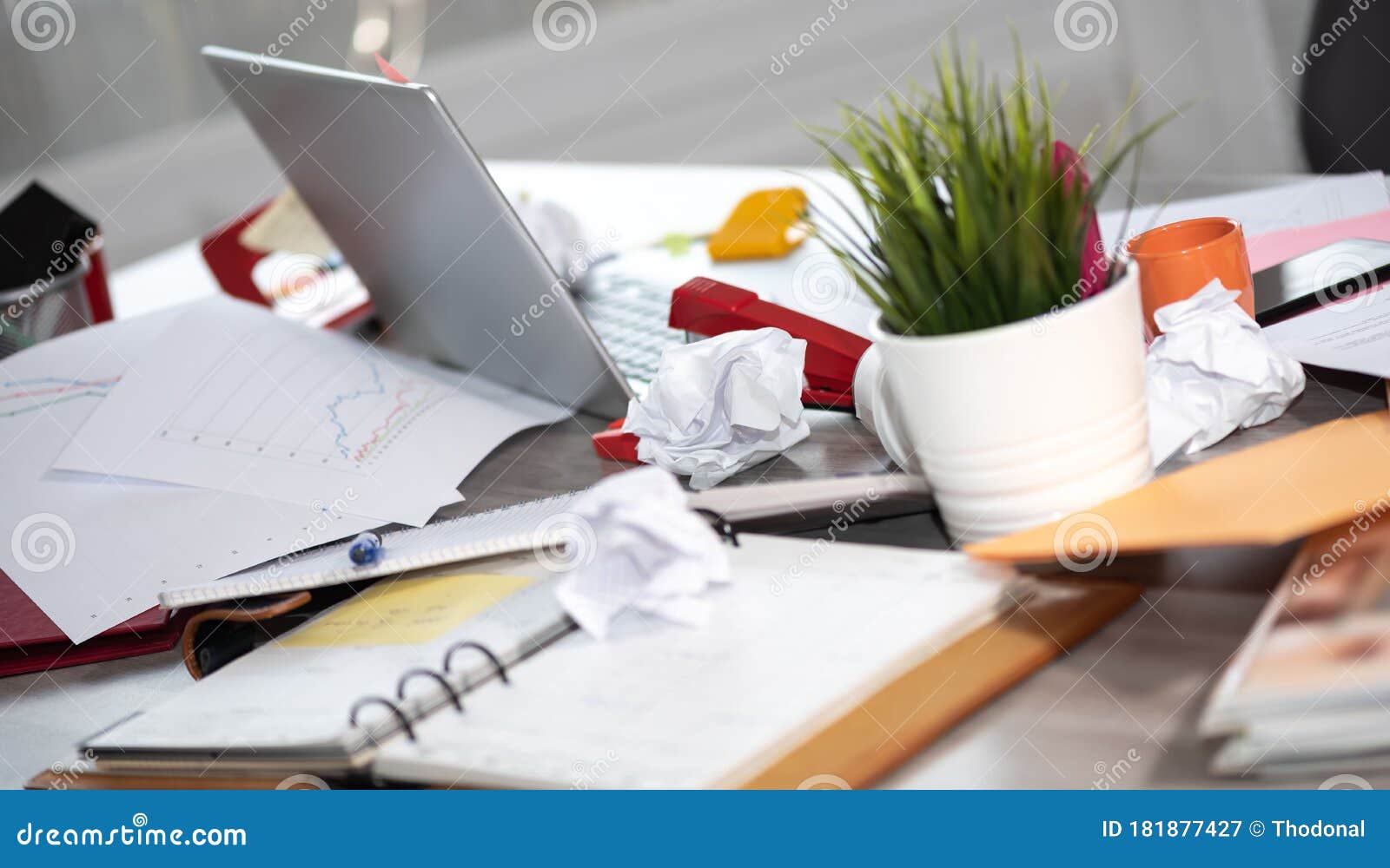 Messy and cluttered desk stock image. Image of office - 181877427