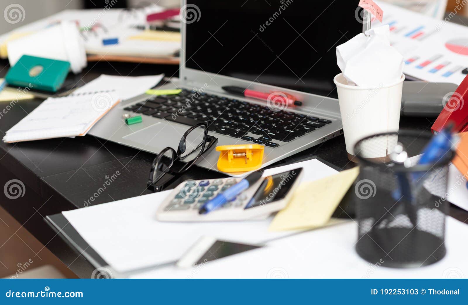 Messy and cluttered desk stock image. Image of place - 192253103