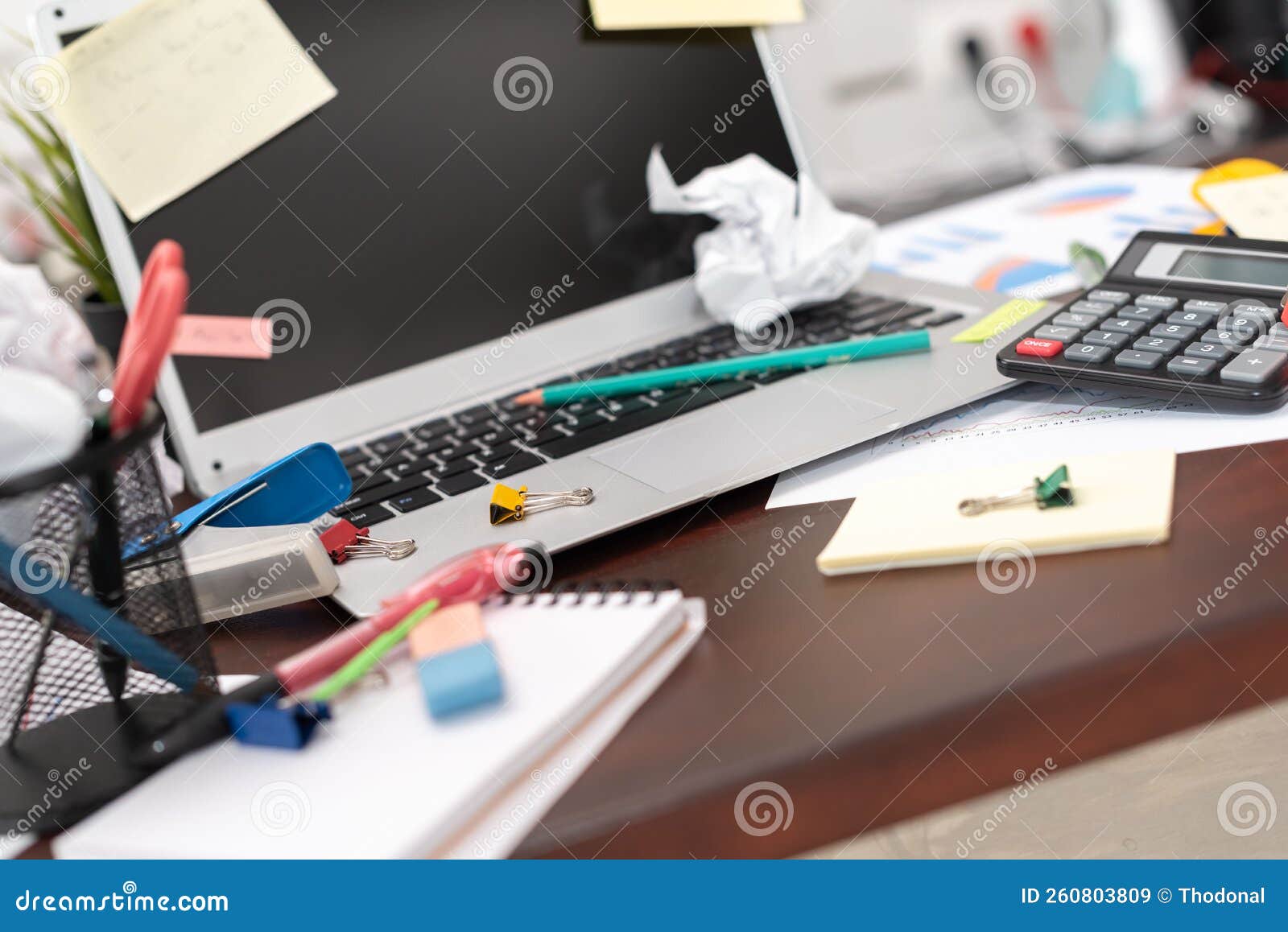 Messy and cluttered desk stock image. Image of room - 260803809