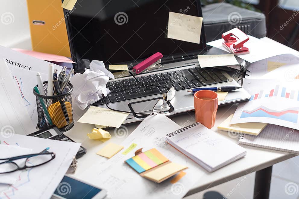 Messy and cluttered desk stock photo. Image of workplace - 95833962