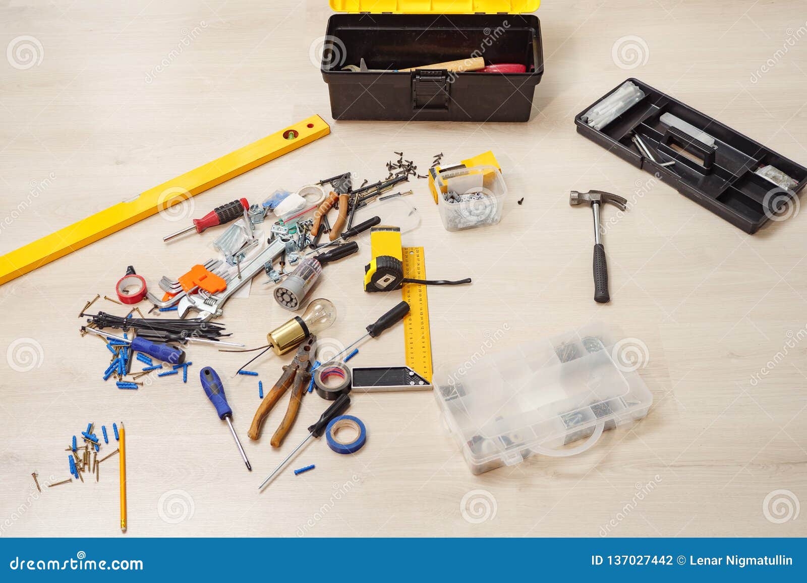 Messy Collection of Tools on Floor Stock Photo - Image of industrial ...
