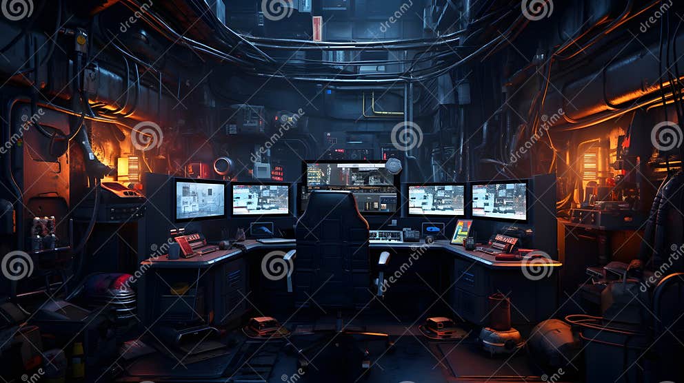 Messy and Dark Cyberpunk Hacker Hideout Room. Neural Network Generated ...