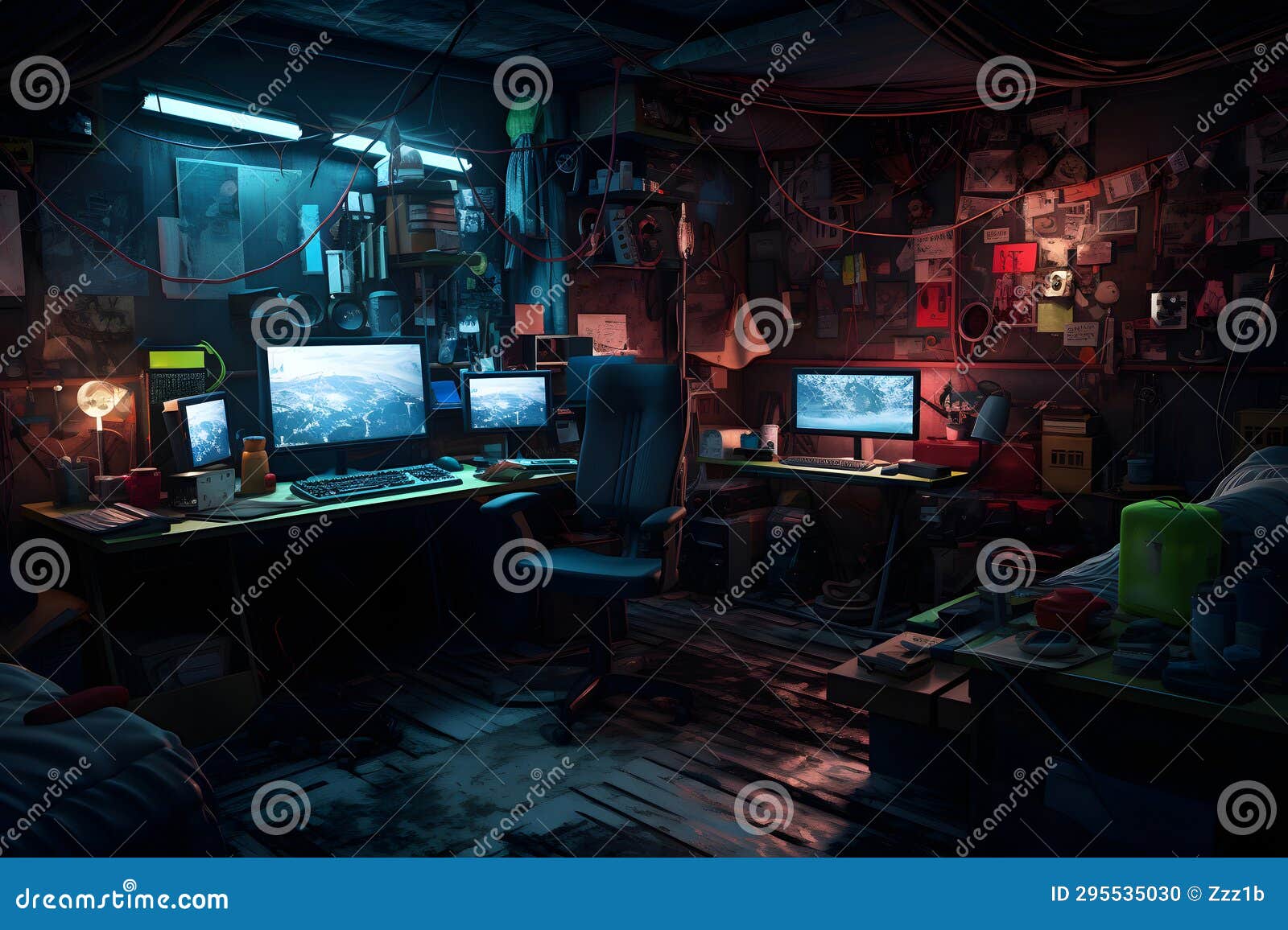 Messy and Dark Cyberpunk Hacker Hideout Room. Neural Network Generated ...