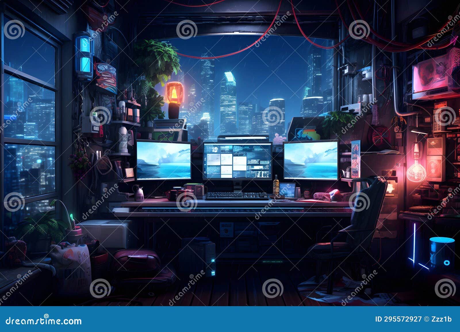 Messy and Dark Cyberpunk Hacker Hideout Room. Neural Network Generated ...