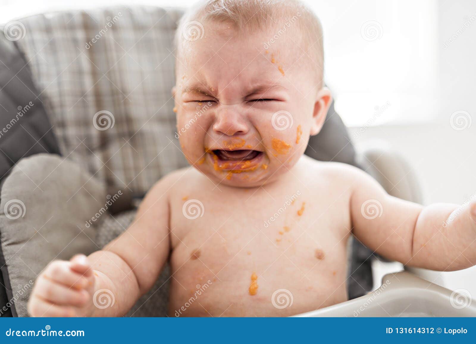 Messy and Dirty Baby is Eating Snack and Crying. Stock Photo - Image of ...