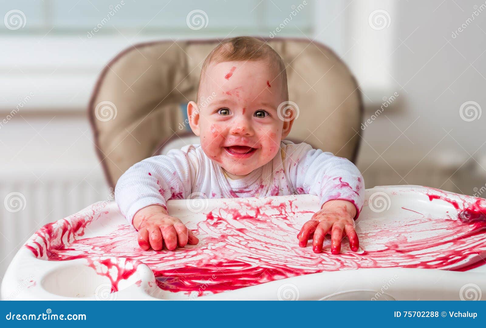Messy and Dirty Baby is Eating Snack with Hands Stock Photo - Image of ...