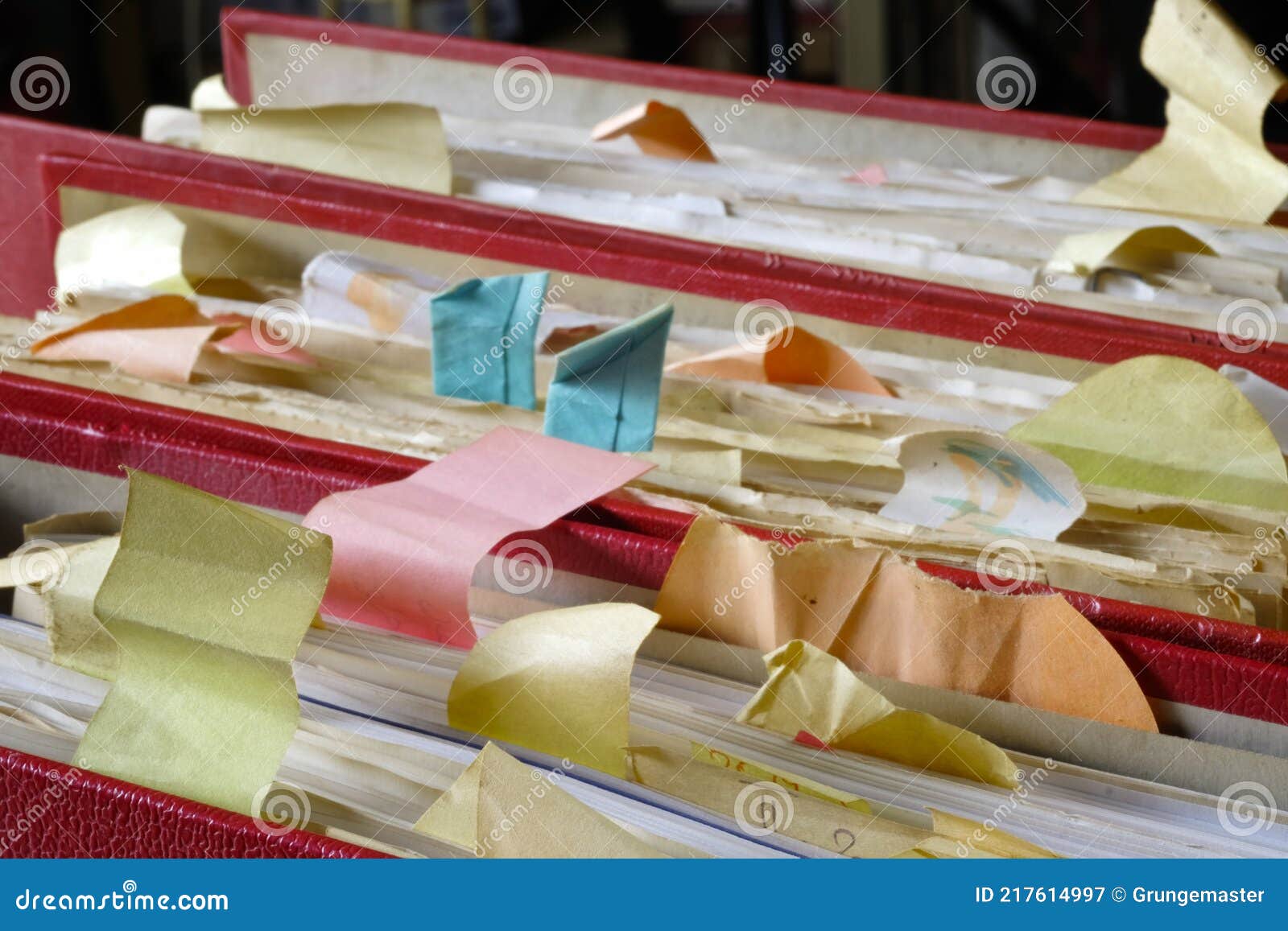Messy File Folders and Documents, Close-up, Slective Focus, Red Tape ...
