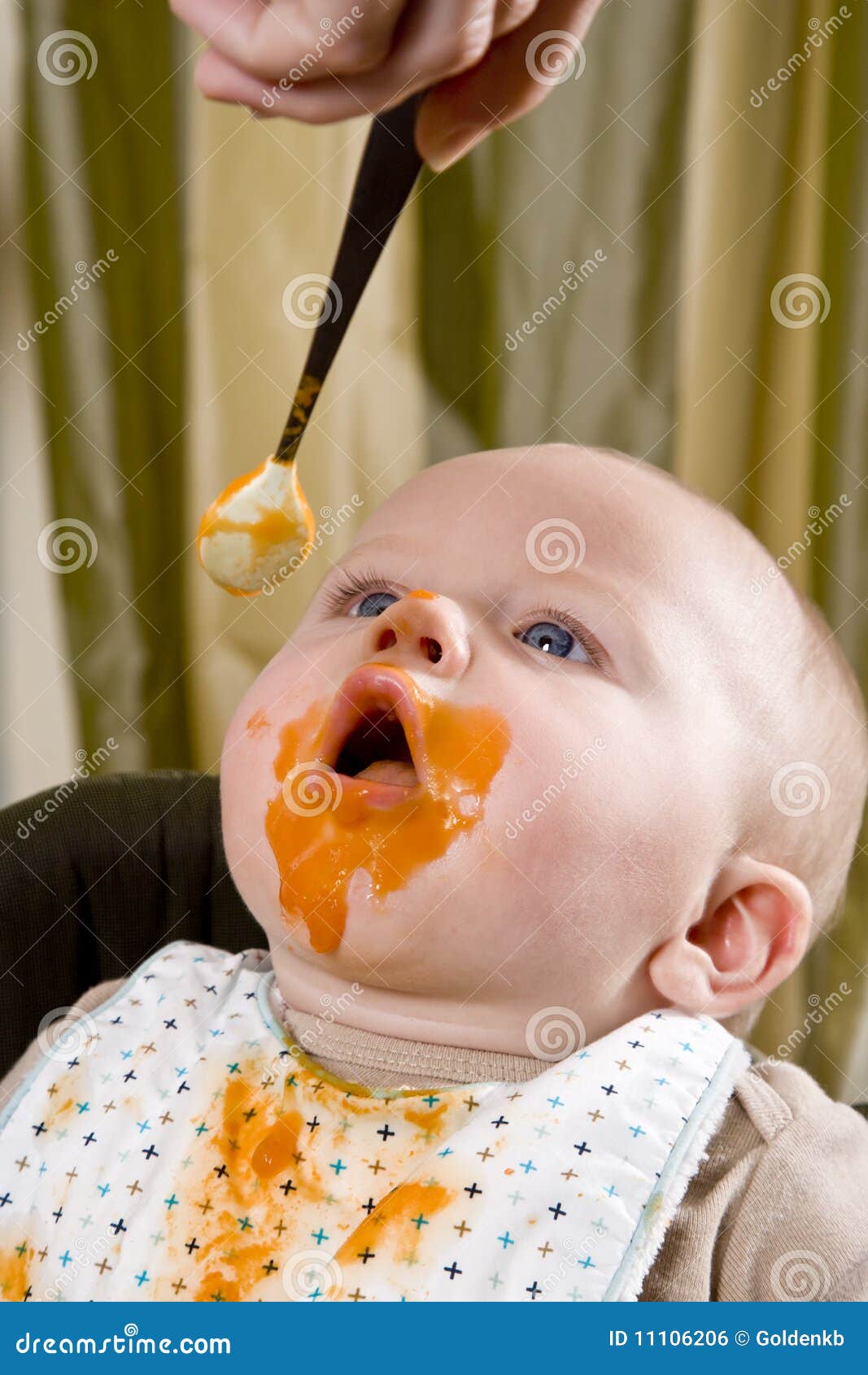 Messy Hungry Baby Eating Solid Food from Spoon Stock Photo - Image of ...