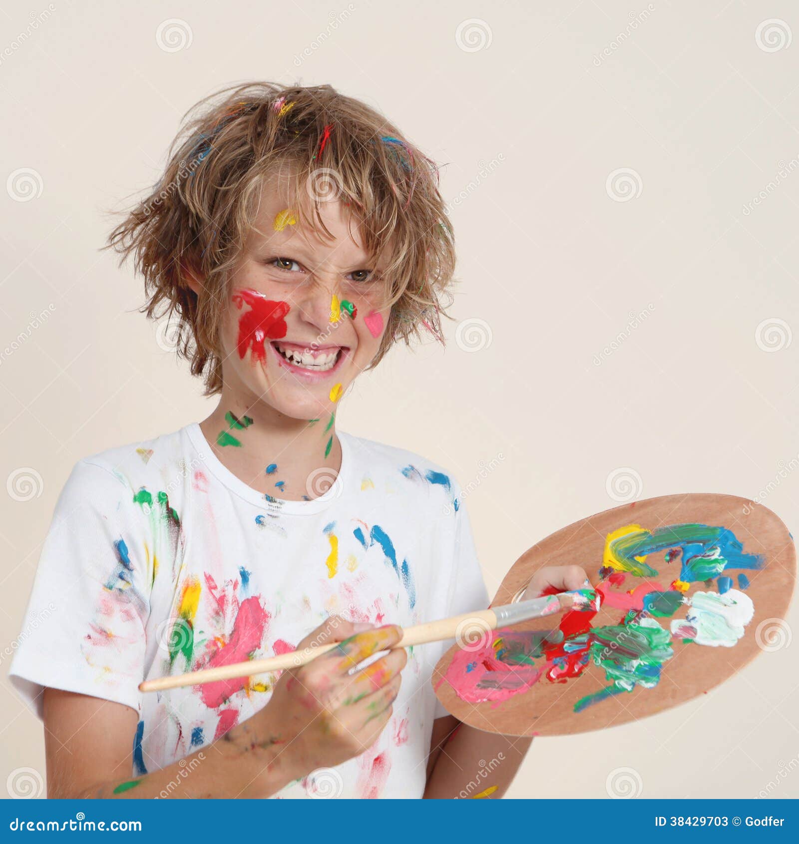 Messy Kid with Paint Pallete Stock Image - Image of craft, caucasian ...