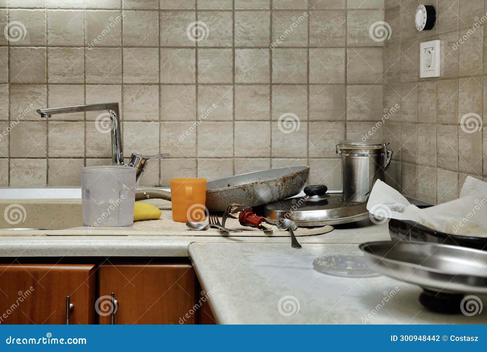 Messy kitchen counter top stock photo. Image of utensils - 300948442