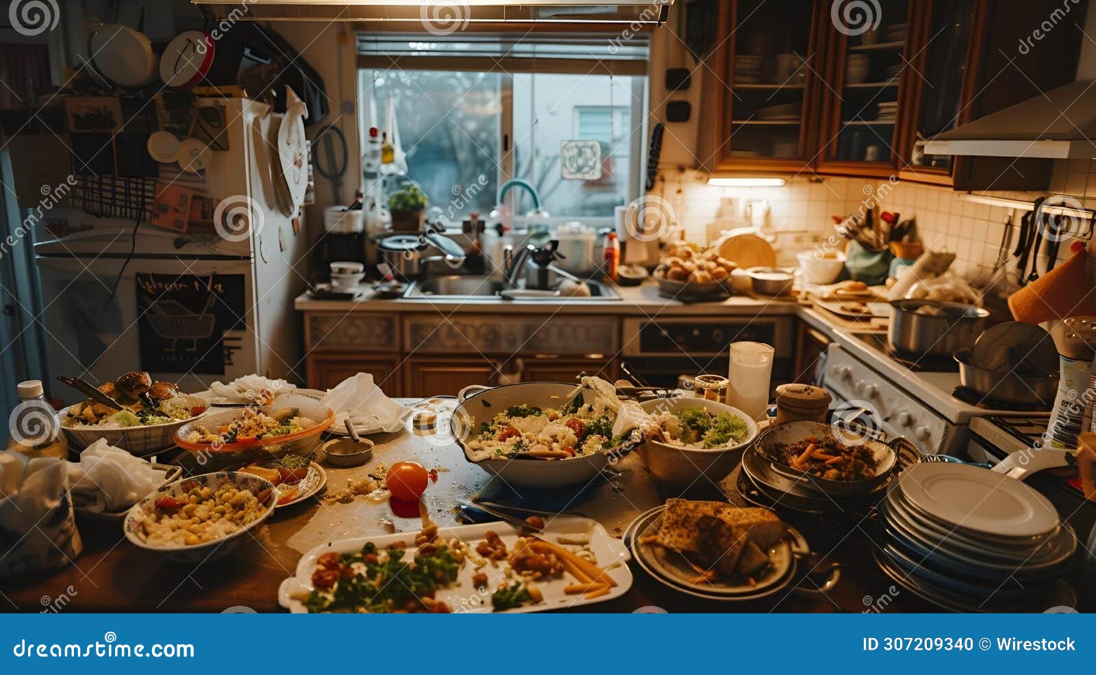 Messy Kitchen with Dirty Dishes and Unfinished Food, AI-generated. Stock Illustration ...