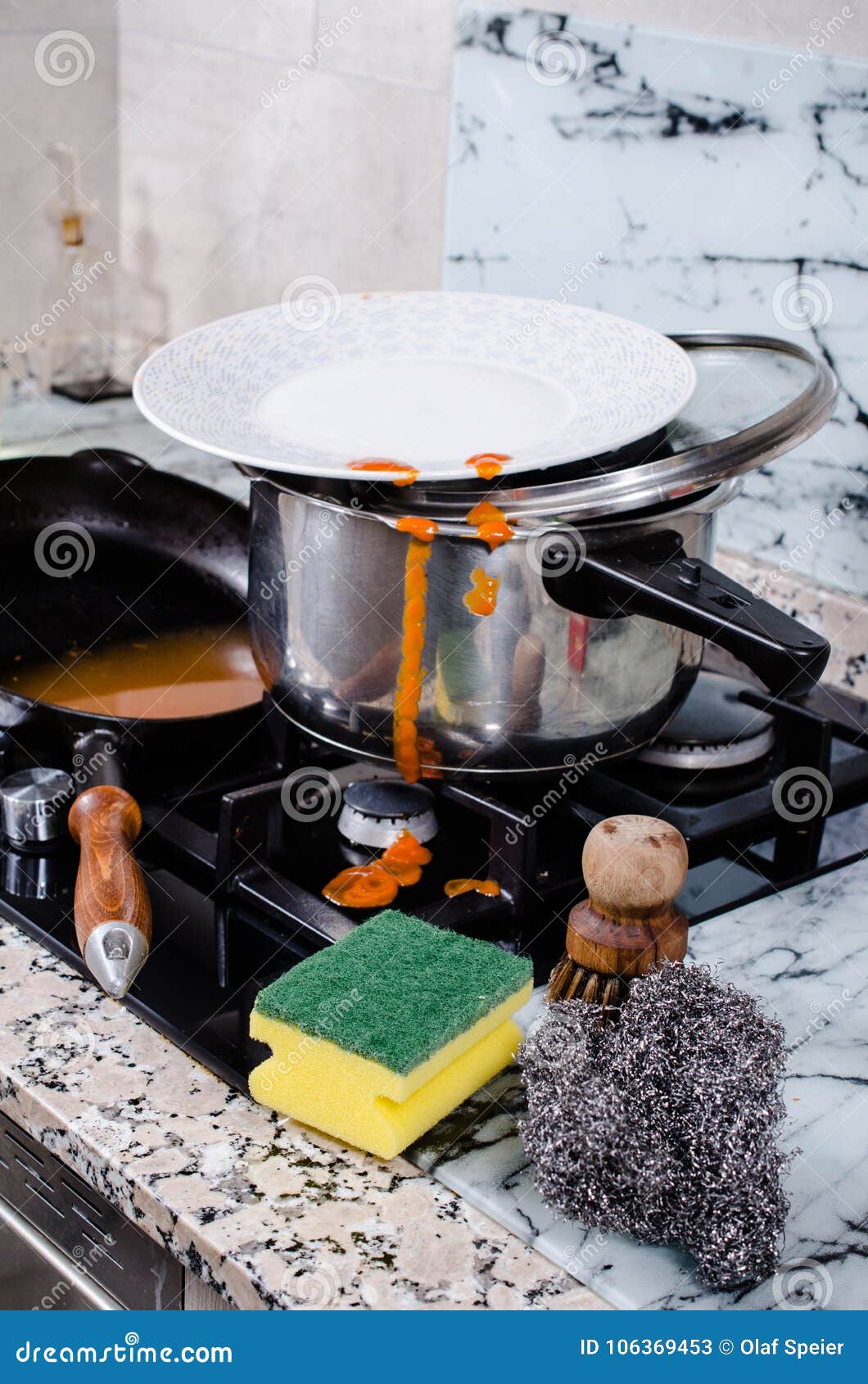 Messy kitchen work top stock image. Image of scouring - 106369453