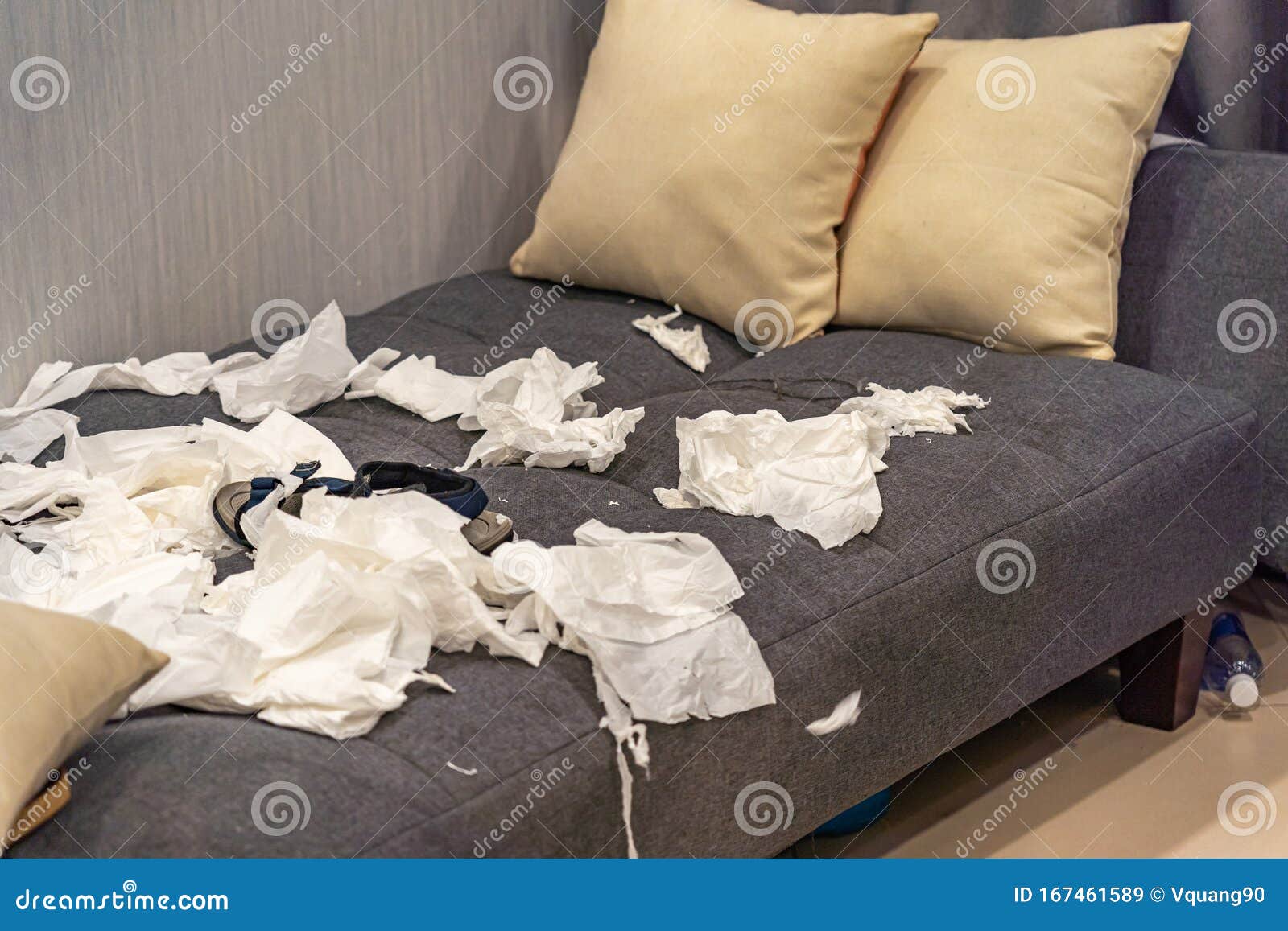Messy Living Room with Pile of Tissue Papers on Sofa Stock Image ...