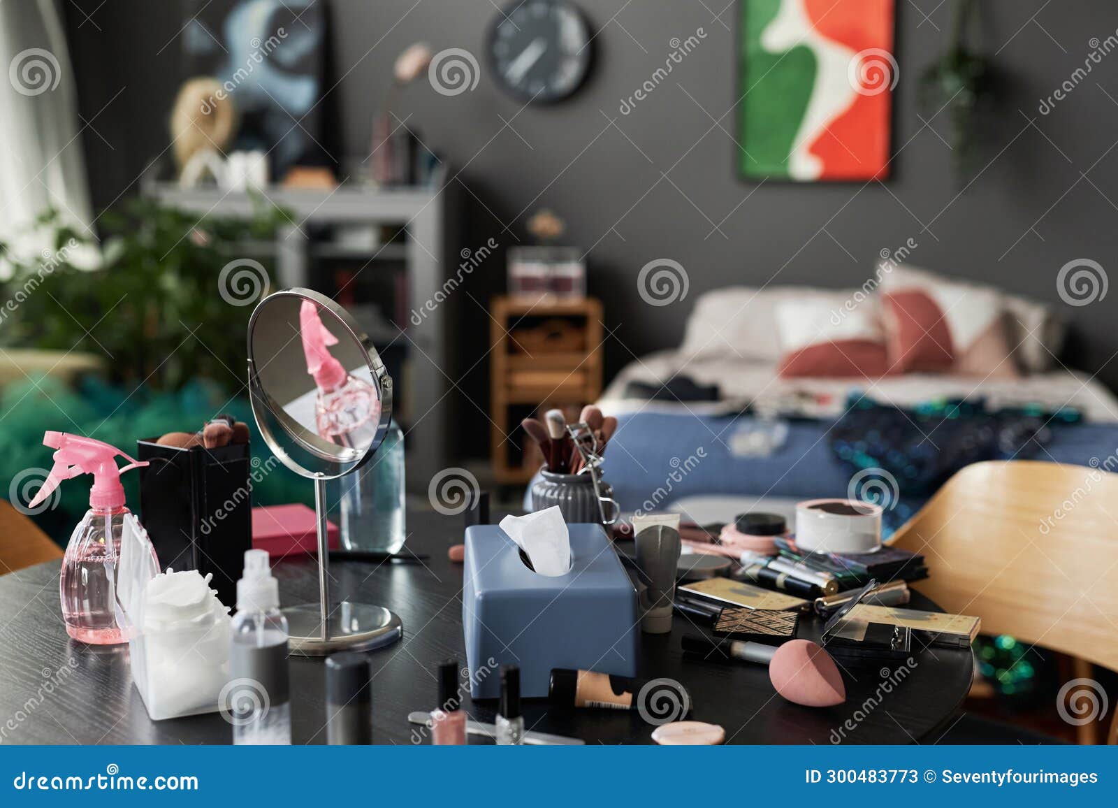 Messy Makeup Table with Mirror and Beauty Supplies Stock Image - Image ...